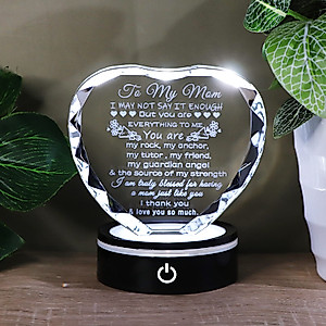 YWHL Gifts for Mom from Daughter Son Moms Birthday Gifts Unique Heart Crystal Gift for Mom with LED Base on Mother's Day Christmas Valentine's Day