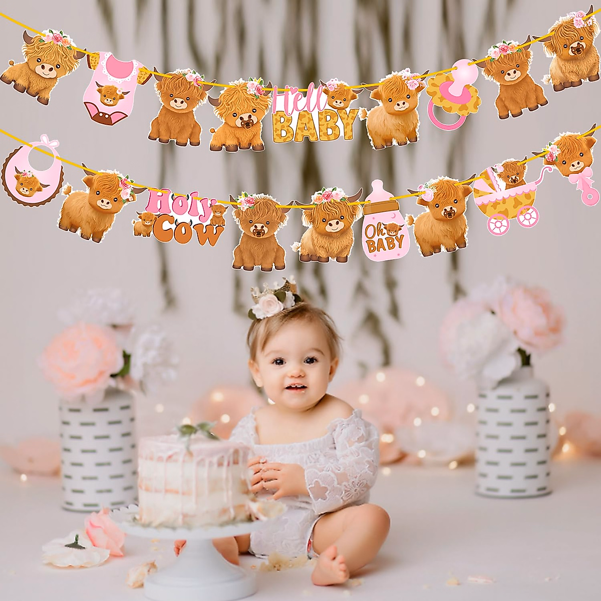 Pink Highland Cow Banners 2Pcs Highland Cow Baby Shower Party Decorations Holy Cow Baby Shower Banner Highland Cattle Cutout Decorations for Girl Oh Baby Cow Birthday Party Supplies