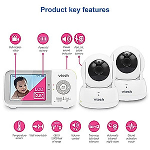 VTech VM923-2 Baby Monitor, 2.8”Screen, 1000ft Range, Pan-Tilt-Zoom, Night Vision, 2-Way Audio, Temperature Sensor, Lullabies, Secured Transmission No WiFi