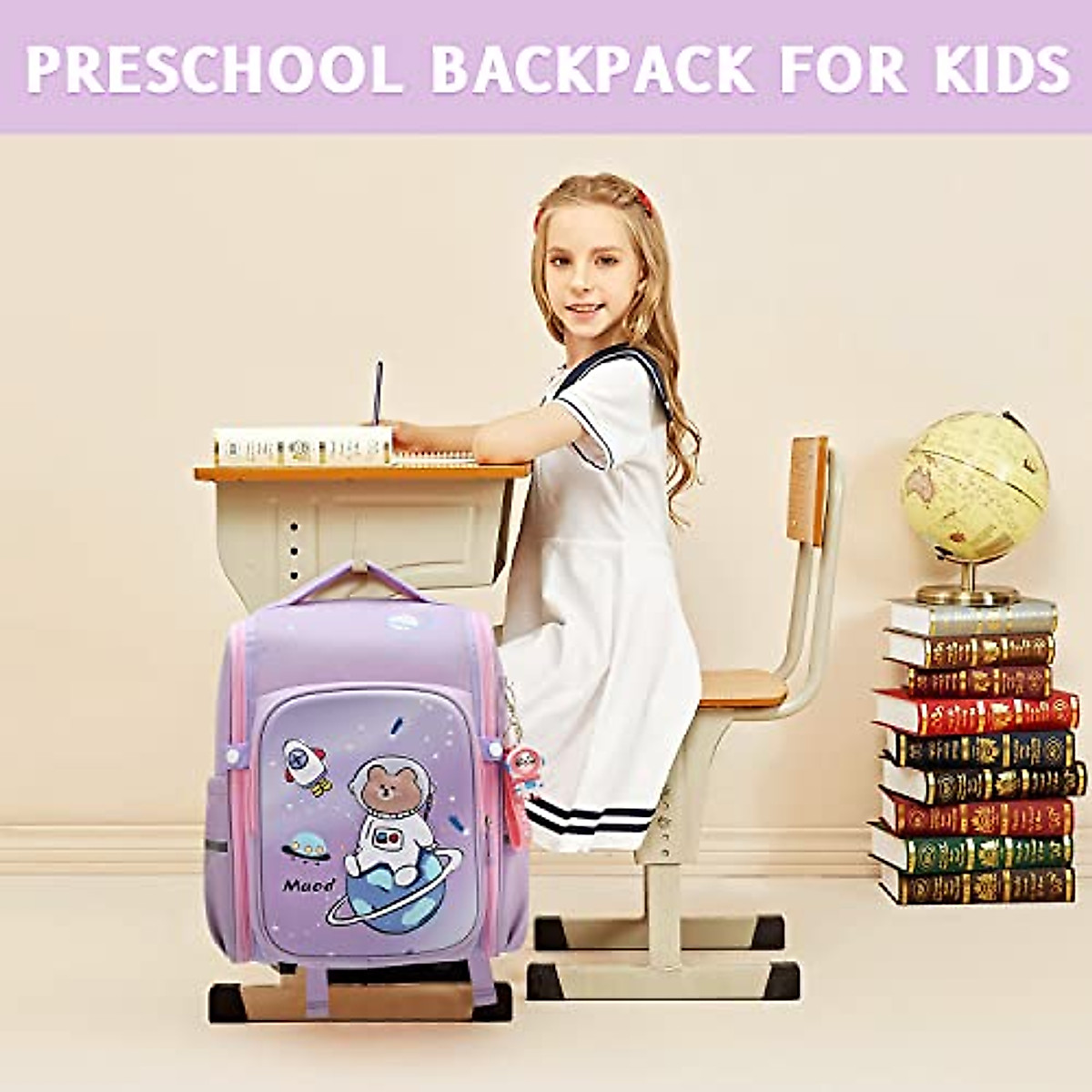 Maod Preschool Girls Backpacks for Kids Elementary School Backpack Suitable For 4-8 Years Old (Purple)