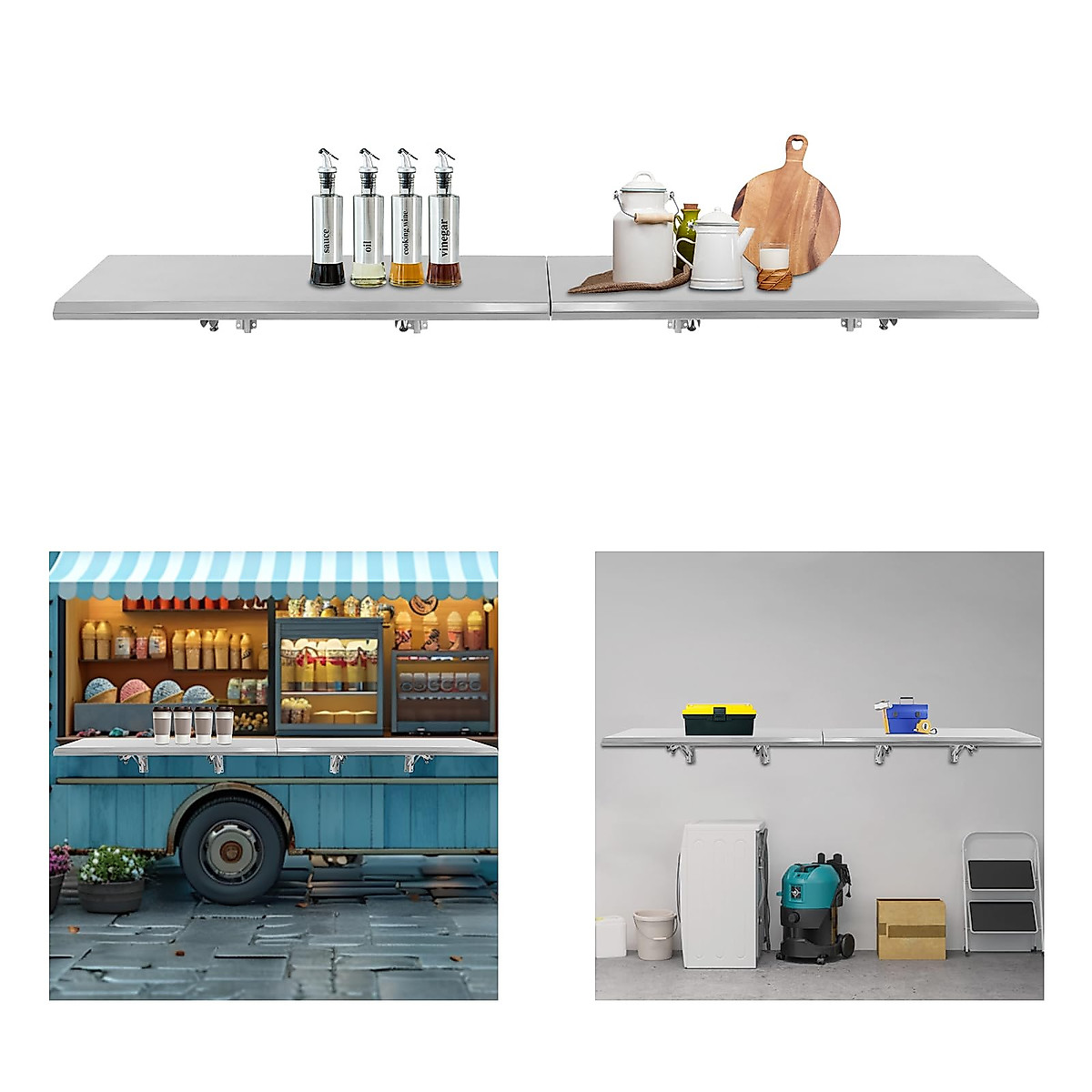 TrueyEssence Folding Concession Shelf 72" L x 12" W, Stainless Steel Food Serving Shelf Wall Mounted Floating Shelving for Concession Window Food Truck Home Restaurant Garage