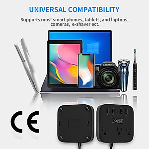 European Travel Plug Adapter, FOVAL EU UK US Power Strip with USB C and 4 USB Ports, 3 AC Outlets, Wall Mountable, 5ft Extension Cord, Compact for Travel, Cruise Ship, Home Office (Black)