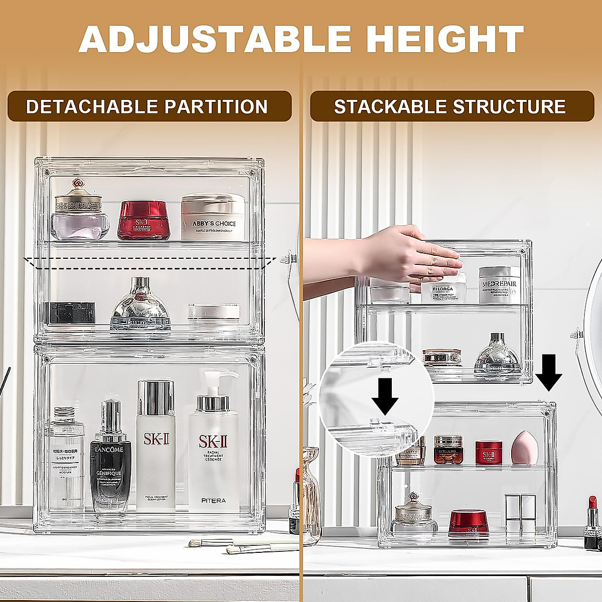 Medicine Cabinet Wall Mounted, Small Bathroom Wall Cabinet with Detachable Partitions and Waterproof Frame, Self Adhesive Farmhouse Storage Cabinet for Smooth Wall Surface and Countertop - Clear S