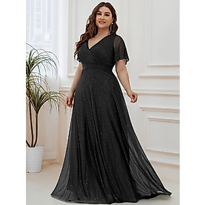 Ever-Pretty Plus Women's Plus Size V-Neck Wrap Short Flutter Sleeves Long Dress for Woman Black US24