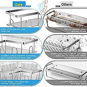 JOFUNBEAU Shower Organizer,Corner Shower Caddy with Soap Holder & Bathroom Canister & 8 Hooks,Adhesive No Drilling Rustproof Stainless Steel Shower Shelves for Inside Shower & Bathroom(Premium Chrome)