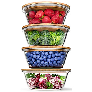 Verel Round Glass Containers with Bamboo Lids (Set of 4) Round Glass Food Storage Containers with Bamboo Lids (4 Pack, 32 Ounce), Non Toxic Eco Friendly Meal Prep with Wooden Lids