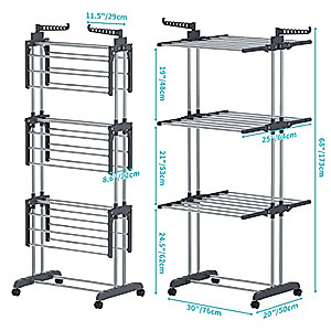LEOSINYIN Clothes Drying Rack Folding Indoor, Drying Rack Clothing Foldable 4 Tier Laundry Racks for Drying Clothes, Stainless Steel Laundry Drying Rack with 4 Wheels (Gray)