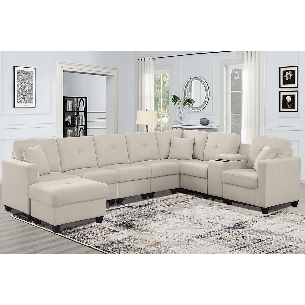 Ball & Cast 127" Convertible Sectional Sofa Couch with Removable Ottoman and Cup Holder,6 Seat Modular Living Room Furniture Sets with 2 Pillows & USB Port,for Lounge,Apartment,Beige
