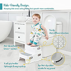 Toddler Step Stool for Bathroom Sink, 2 Step Stool for Kids Toilet Potty Training, Non-Slip Toddlers Baby Child Kid Plastic Poop Stools with Handle to Reach Kitchen Counter Bed (White-Grey)