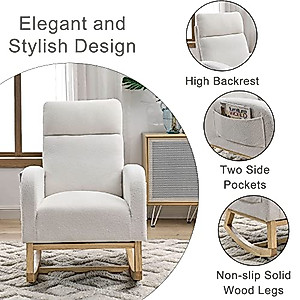 Krinana Nursery Rocking Chair with Solid Wood Legs, Glider Chair for Nursery with Two Side Pockets, Rocker Armchair for Living Room Bedroom (White, Teddy Fabric)