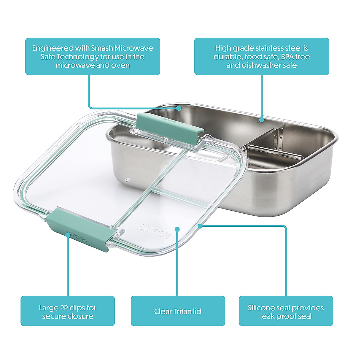 Smash Stainless Steel Bento Lunch Box, 3 Compartments, Sage