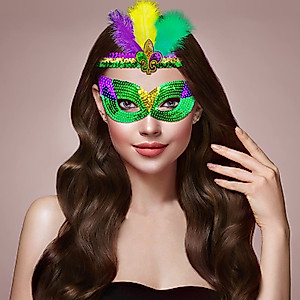 2PCS Mardi Gras Feathers Headband Purple Yellow Green Feather Headband Mardi Gras Sequin Mask Carnival Headband for New Orleans 1920s Carnival Parade Tea Party Halloween Fleur De Lis Hair Band