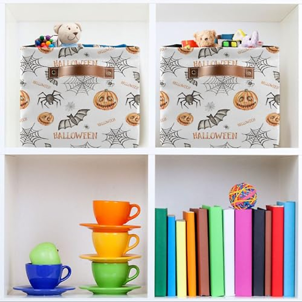 Emelivor Halloween Pumpkin Storage Basket Bins Sturdy Toy Storage Organizer Bins Laundry Basket with Handles for Home Boys Girls Office Closet Shelf Nursery Baskets,2 pcs