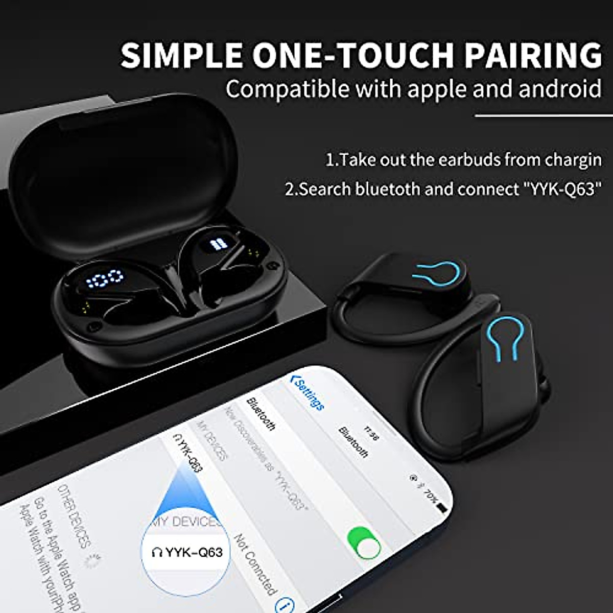 Wireless Earbuds Bluetooth 5.3 Headphones 120Hrs Playtime Wireless Charging Case Digital LED Display Over-Ear Earphones with Earhook Waterproof Headset with Microphone for Sport Running Workout