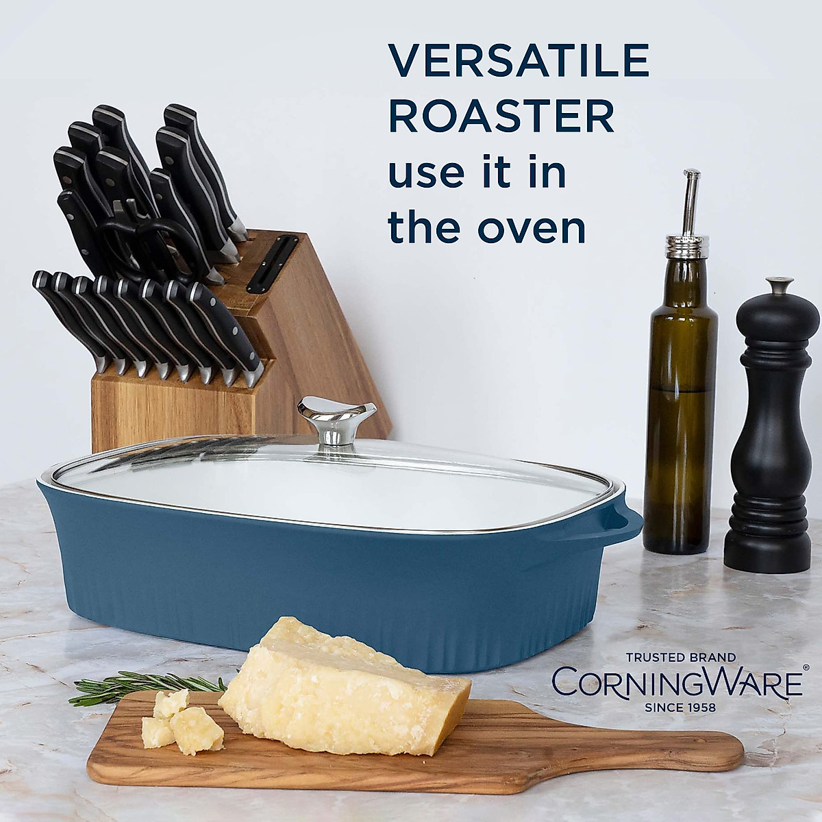 CorningWare, Non-Stick 5.7 Quart QuickHeat Roaster with Lid, Lightweight Roaster, Ceramic Non-Stick Interior Coating for Even Heat Cooking, French Navy