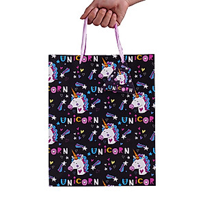 JWSCYSY 12.6" Large Gift Bag with Card and Tissue Paper - Black Pink Unicorn Gift Bag for Girls Birthday.