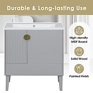 PONNYC 30" Bathroom Vanity with Sink, Freestanding Single Basin Vanity Set w/Doors and Drawer, Solid Frame and MDF Board,Modern Towel Storage Cabinet Grey Organizers for Bathroom,Bathroom Cabinet