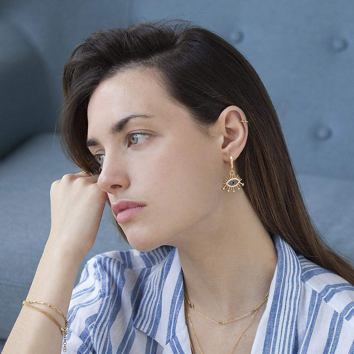 PERNNLA PEARL Gold Evil Eye Huggie Hoop Earrings for Women, 18K Gold Plated Dainty Charm Dangle Earrings With Cubic Zirconia