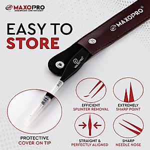 Professional Sharp Tweezers Pointed Tip | Stainless Steel, Fine Tip Needle Nose Tweezers for Women and Men | Facial & Eyebrow Hair, Ticks, Precision Splinter & Ingrown Hair Removal by MAXOPRO – Black