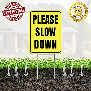 2PC Please Slow Down Signs with Stake, 13"x17" - Double Sided Signs - Corrugated Plastic - Kids Playing Sign for Street - Children at Play Safety Signs