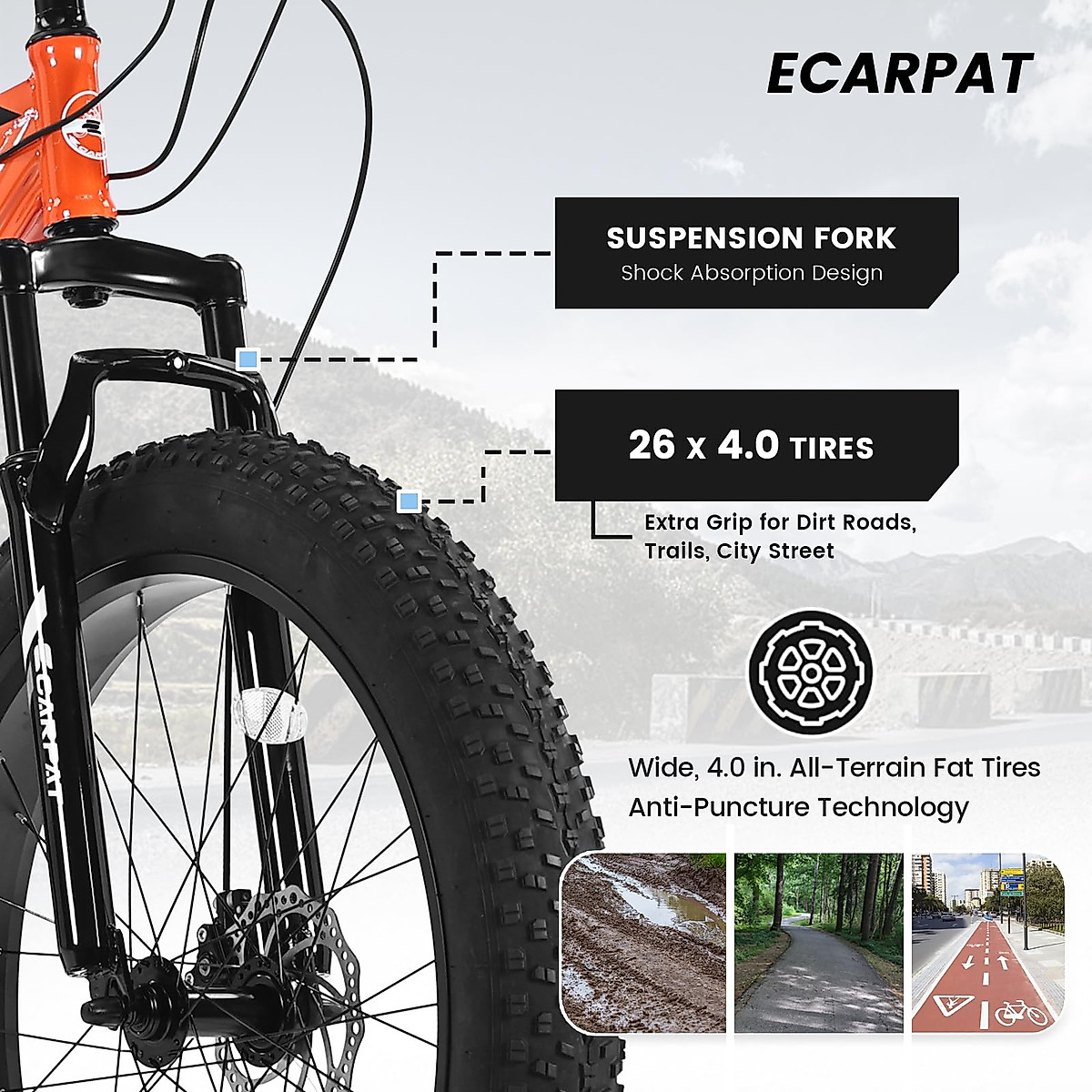 26x4 Inch Fat Tire Bike 21 Speeds, Dual Disc Brake Front Suspension, Mountain Trail Bike, Urban Commuter City Bicycle Adult/Youth