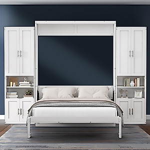 DNYN Queen Size Murphy Bed with Desk & Two Slide Storage Shelf & 68-inch Wall Bedframe Folding into Cabinet Design,for Small Space,Bedroom,Guest Room, White