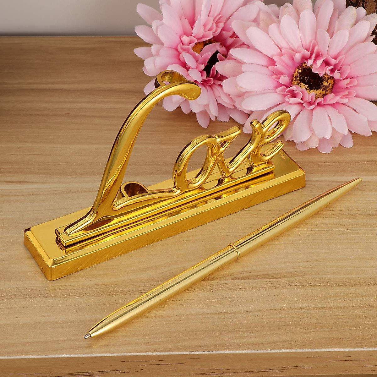 Tinksky Wedding Signing Pen with Gold Plated Metal Love Holder Party Pen Set Wedding Bridal Engagement Valentine's Day Favors (Gold)