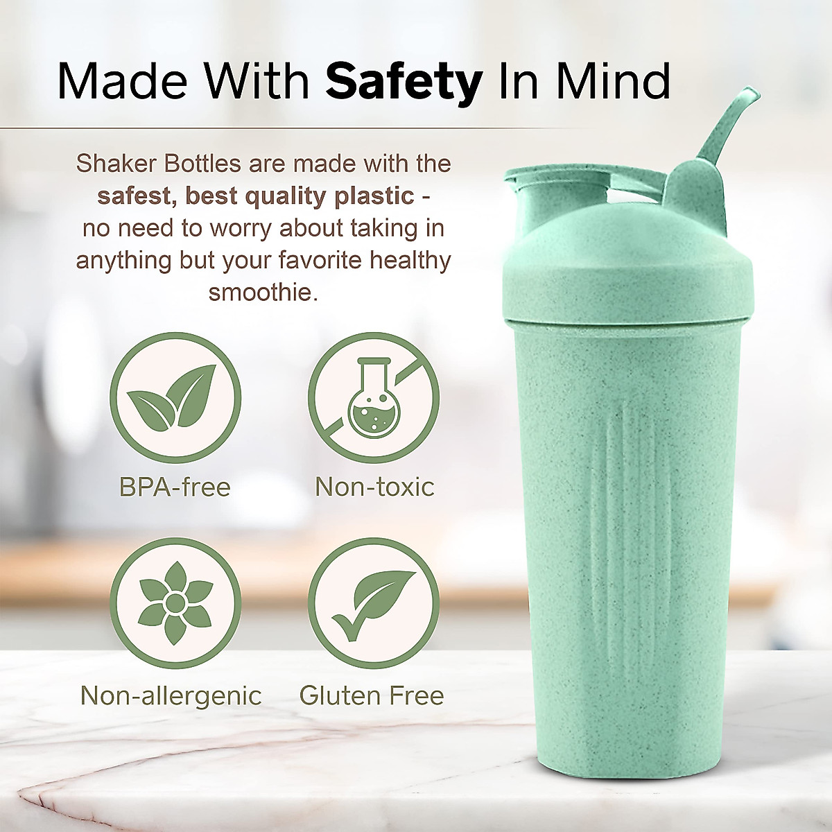 Healthier Comforts Shaker Bottle | Eco Friendly Protein Shaker Bottle w/Mixer Ball, 24oz (700ml) | BPA Free Blender Cup w/Sustainable Wheat Straw | Dishwasher Safe, Drink Shaker Cup (Mint)