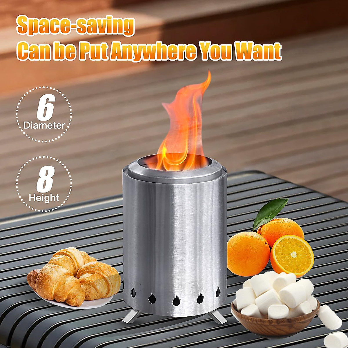 Tabletop Fire Pit, Mini Table Top Firepit with Flodable Stand, Stainless Steel Outdoor Fire Pit for Camping, Fueled by Pellets or Wood, Low Smoke and Safe Burning, Diameter 6" Height 7.5"