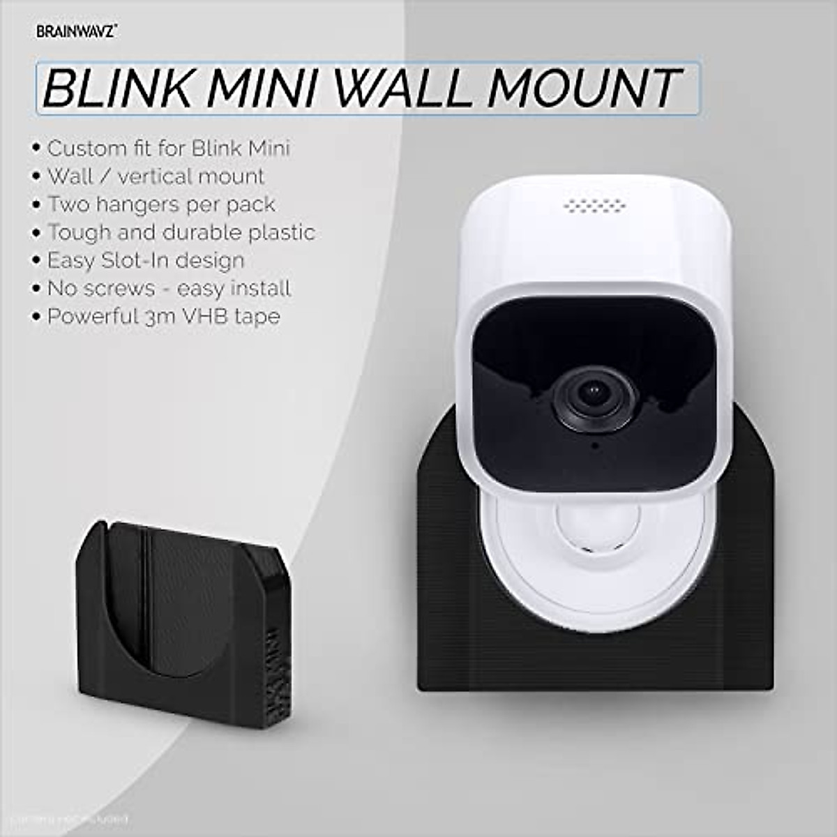 BRAINWAVZ Adhesive Wall Mount for Blink Mini Camera, 2 Pack, No Hassle Holder, Strong 3M VHB Tape, No Screws, No Mess Install, Bracket Stand (Black)