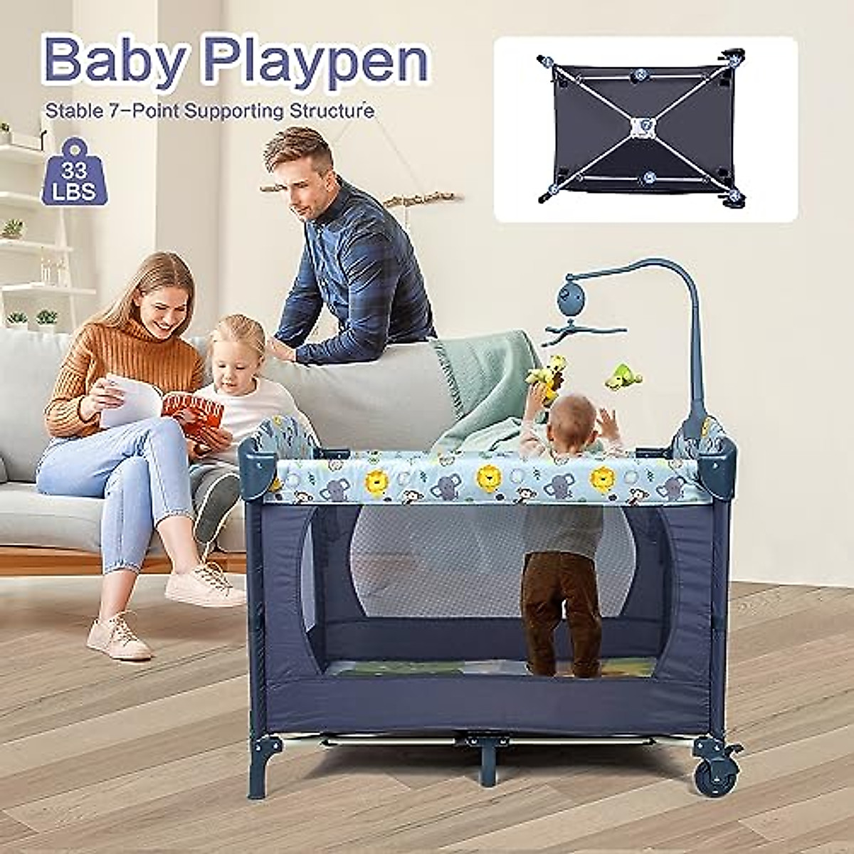 5-in-1 Baby Bassinet Bedside Crib, Pack and Play Long Next to Bed Crib Co Sleeper with Toys & Music Box, Mattress, Foldable Playard, Playpen Travel Bed Nursery Center for Girl Boy Infant Newborn