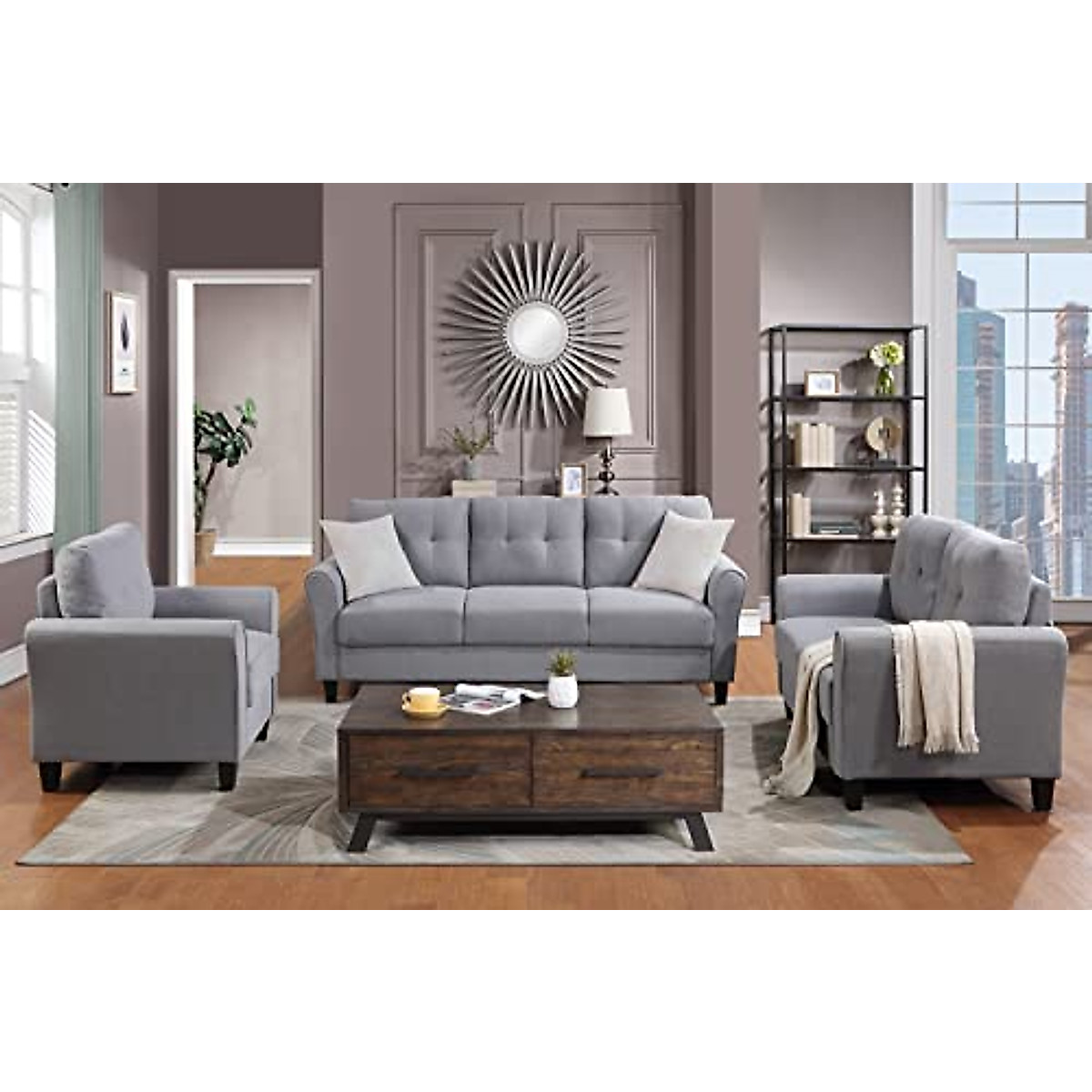 Merax 3 Pieces Living Room Sectional Sofa Set, Modern Linen Upholstered Couch Furniture with Thick Foam, Light Gray+Blue