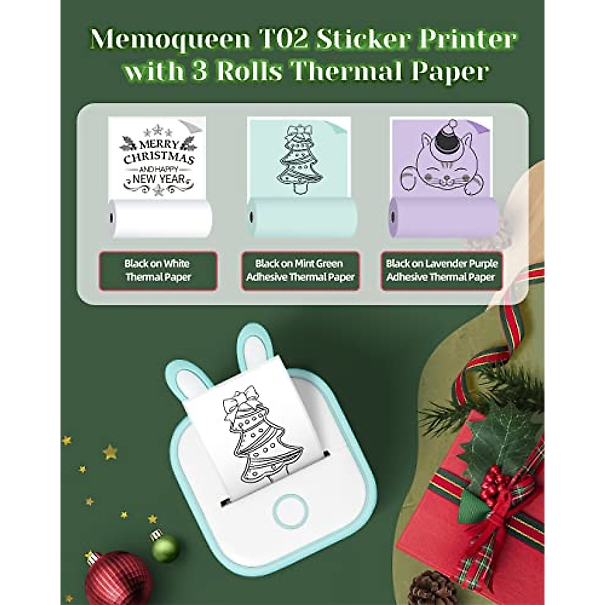 Memoqueen Pocket Sticker Printer T02 Portable Bluetooth Thermal Photo Printer with 3 Rolls Paper for Journal, Memo, Photo,DIY Scrapbook,Travel,Children Women Gifts,Compatible with iOS&Android,Green