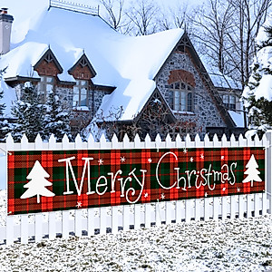 Large Merry Christmas Banner Xmas Outdoor Decorations Double Printed Green Red Buffalo Plaid Trees 120" x 20" Huge Yard Sign Holiday Party Supplies Backdrop Home Decor Ornaments for Garden House Fence Garage Indoor Gifts