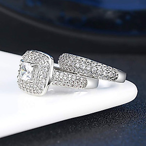 Double Fair 2 Piece Wedding Ring for Women 1 Carat Princess Cut Cubic Zirconia Engagement Promise Bridal silver Band Fashion Cute White Gold Plated Ring Set Gift Jewelry