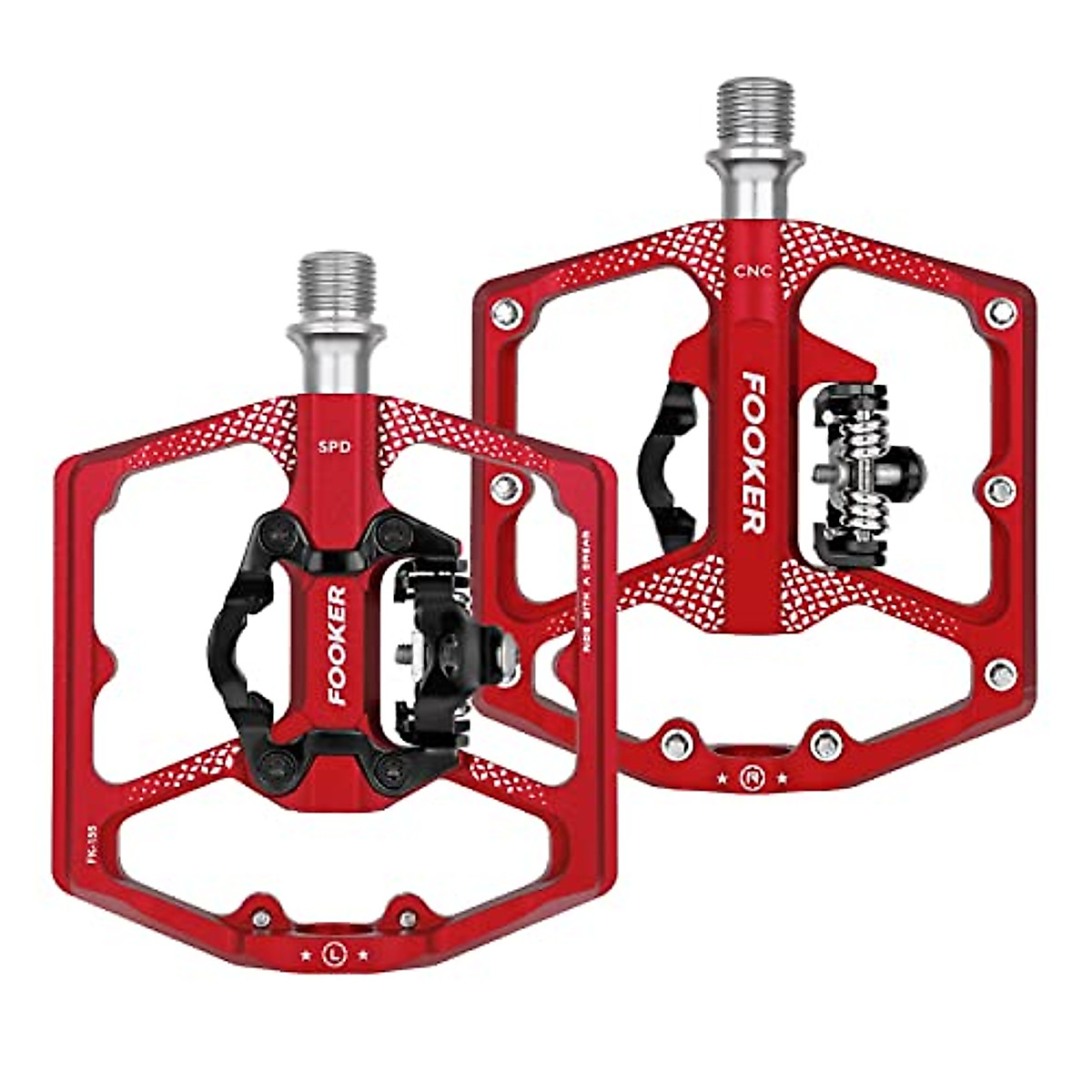 FOOKER MTB Mountain Bike Pedals, Dual Function Flat and Pedal,3 Sealed Bearing Flat Platform Compatible with Clipless Pedal Aluminum 9/16" Pedals with Cleats for Road Mountain BMX MTB