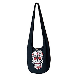 BTP! Skull Punk Rock Hippie Hobo Thai Cotton Sling Crossbody Bag Messenger Purse (Sugar Skull SK10)