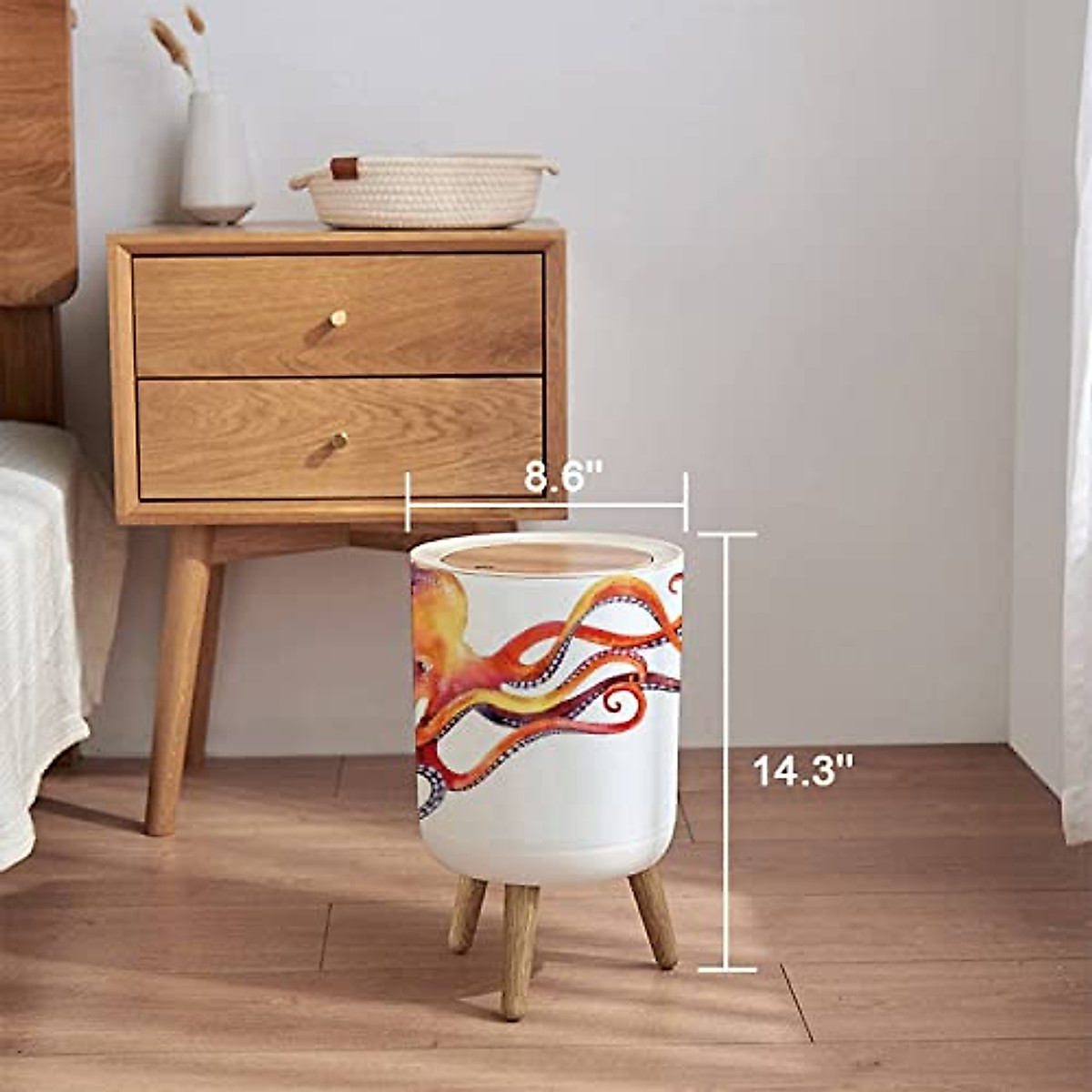 Trash Can with Lid Watercolor Octopus Hand Painted Press Cover Small Garbage Bin Round with Wooden Legs Waste Basket for Bathroom Kitchen Bedroom 7L/1.8 Gallon