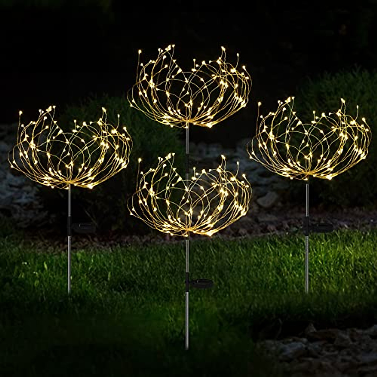 Solar Garden Lights, 4 Pack Solar Firework Lights Waterproof 105 LED Solar Garden Decorative Lights with 2 Lighting Modes DIY Landscape Lights for Garden Pathway Lawn Patio Decor (Warm White)