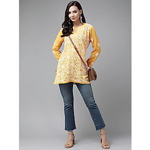 Ada Indian Hand Embroidered Chikankari Women's Georgette Yellow Top Tunic Shirt Kurti A911231 (Large)