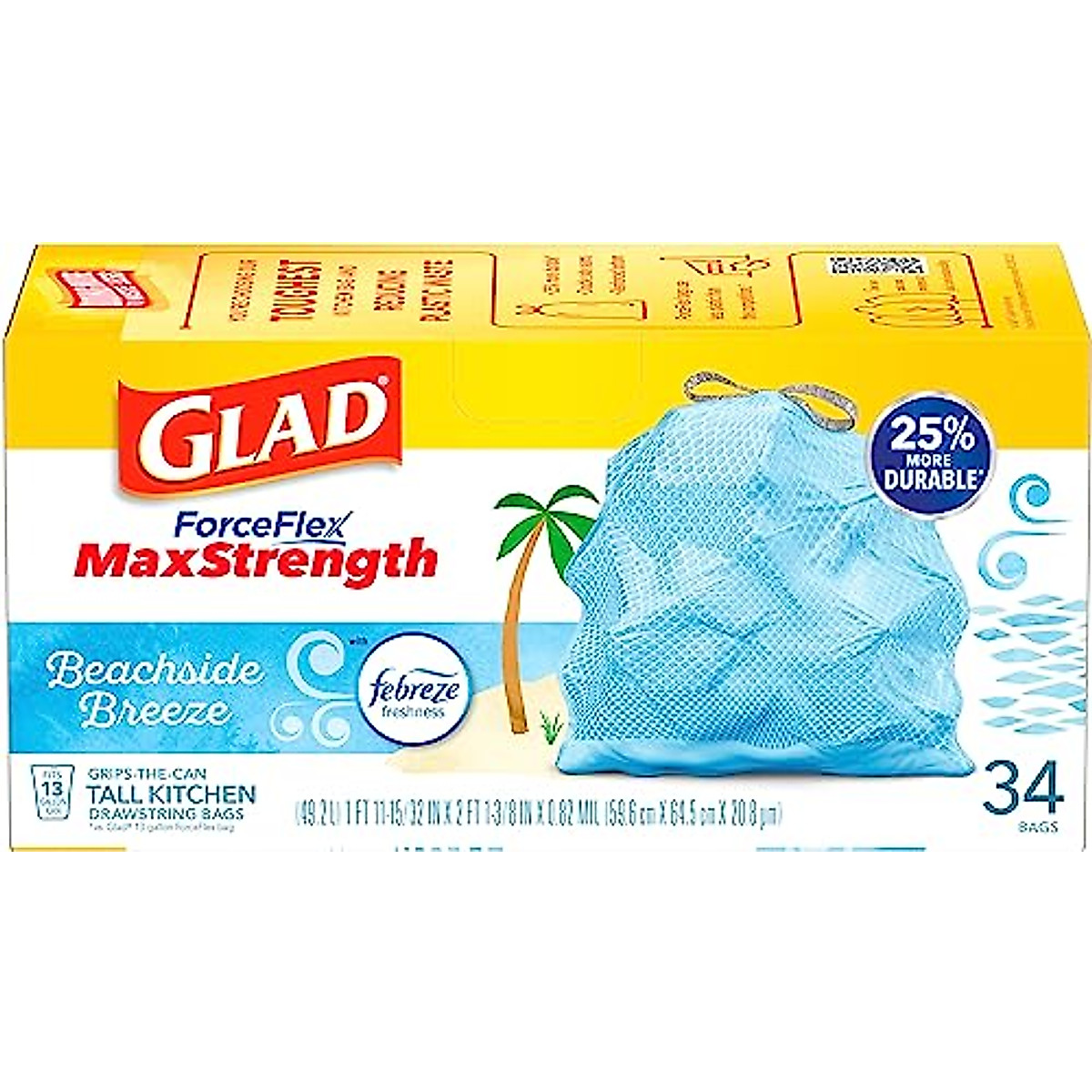 Glad ForceFlex MaxStrength Tall Kitchen Drawstring Trash Bags, 13 Gallon, Beachside Breeze with Febreze Freshness, 34 Count