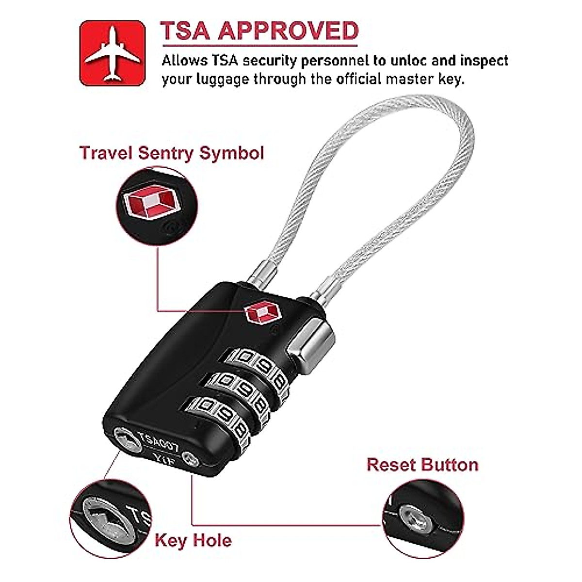 NAGE 3-Digit Cable Lock, TSA Approved Luggage Locks for Suitcase, Gym Lockers, Travel Baggage (2 Pack, Black)