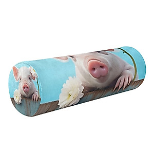 Cute Baby Pig Neck Roll Pillow for Neck Relief with Removable Washable Cover - Memory Foam Round Cylinder Bolster, Ergonomically Designed for Head, Neck, Back, and Legs