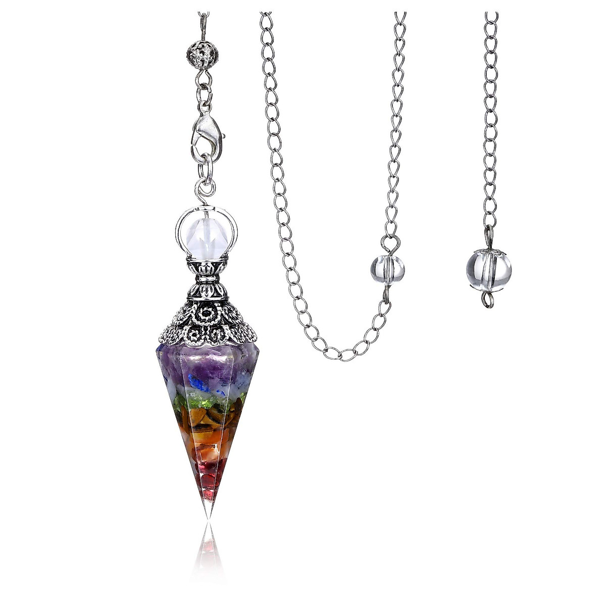 Jovivi 7 Chakra Healing Crystal Pendulums for Dowsing Divination 6 Facet Pointed Healing Wicca Dowsing Balancing Spiritual Resin Gemstone Point Pendant Pendulums