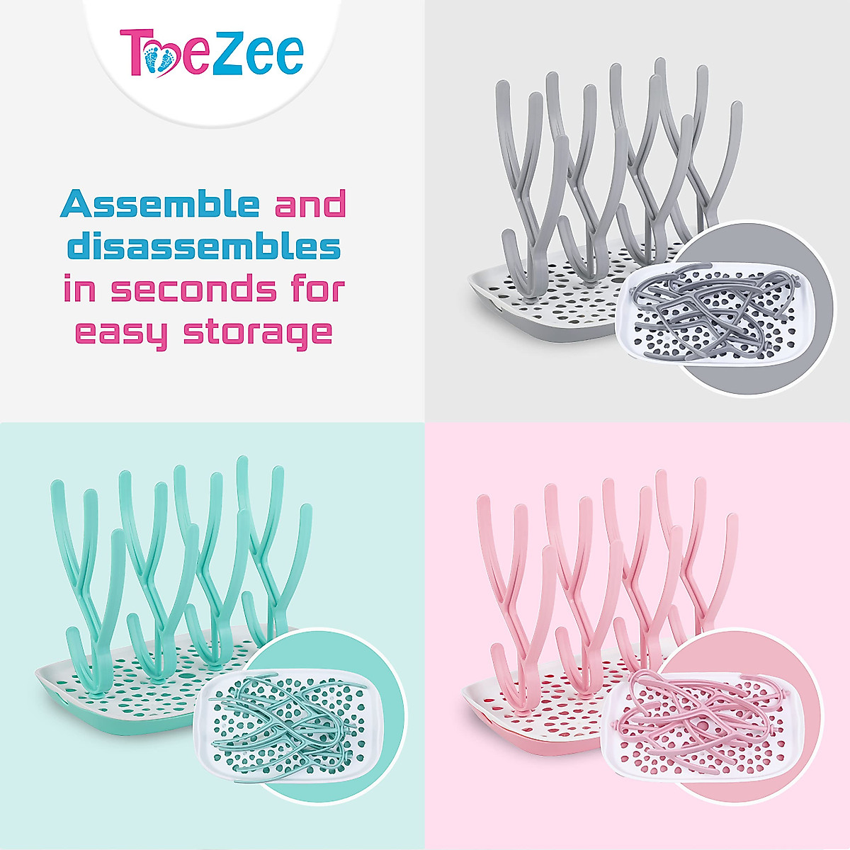 ToeZee Baby Bottle Drying Rack Space Saving Countertop Baby Bottle Holder, Drying Rack for Baby Bottles Accessories - Stores Up to 12 Bottles, Dishwasher Safe (Gray)