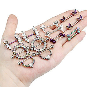 Cisyozi 14G Nipple Piercing Jewelry Nipple Rings for Women Purple Stainless Surgical Steel Nipple Shield Nipplerings Ring Barbell Bar Body Piercing Jewelry for Women 14mm