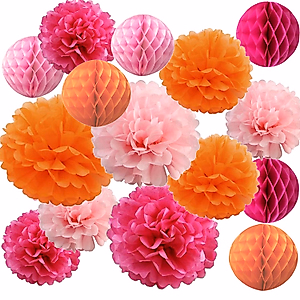 15PCS Hot Pink Orange Party Decorations Tissue Paper Flowers Pom Poms Honeycomb for Girl Groovy Birthday Baby Shower Wedding Bachelorette Summer Flamingo Party Nursery Wall Hanging Décor