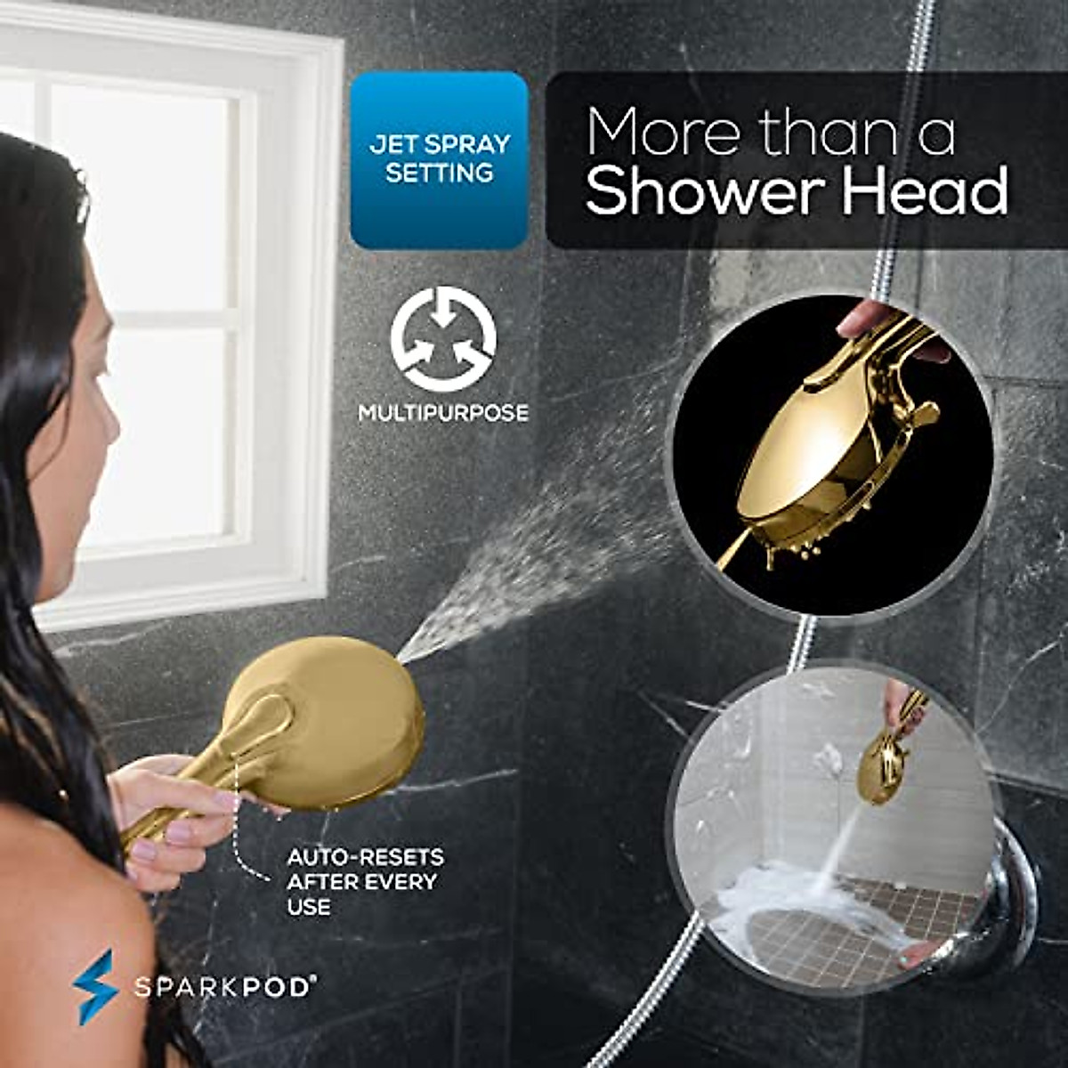 SparkPod 5 Inch 9 Spray Setting Shower Head - Handheld High Pressure Jet with On/Off Switch, Pause and Waterfall Setting- Premium ABS Removable Handheld Shower Head with Hose (Gold)