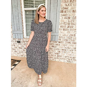 GRECERELLE Women Dress, Summer Casual Loose Crew Neck Boho, Leopard Dot Ruffle Puff Sleeve, High Waist Midi Beach Dress