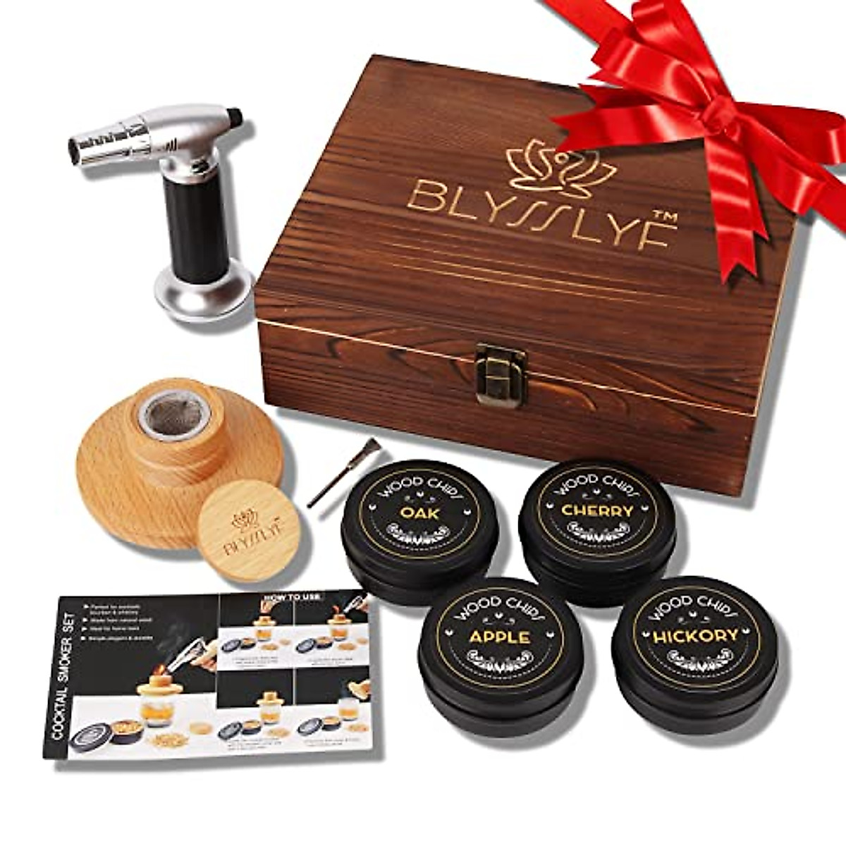 Old Fashioned Cocktail Smoker Kit with Torch and Wooden Storage Box - 10 Pcs Infuser Set with 4 Flavours of Wooden Smoker Chips for Whiskey and Bourbon Drinks - Great Gift for Classic Men (NO BUTANE)